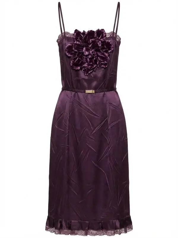 Gucci Silk Satin Dress With Flower Brooch And Belt