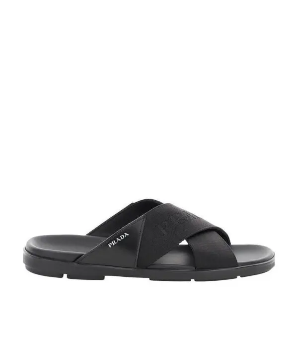 Prada Brushed Leather And Nylon Tape Crisscross Slides - Black