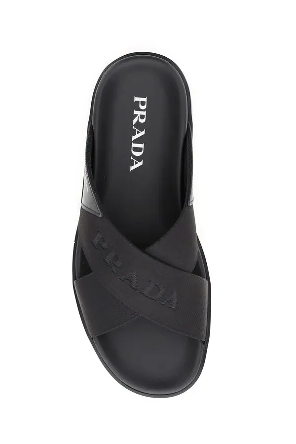 Prada Brushed Leather And Nylon Tape Crisscross Slides - Black