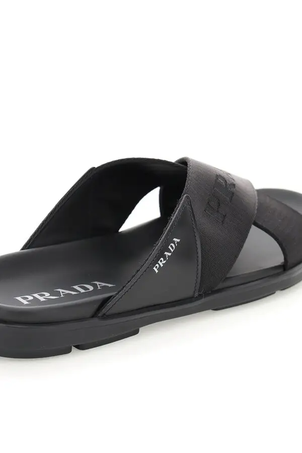 Prada Brushed Leather And Nylon Tape Crisscross Slides - Black