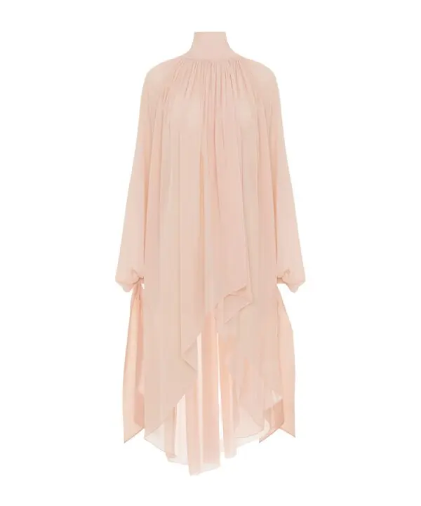 Chloé Georgette Silk Blouse With Lace High Collar And Pleated Sleeves - Pearlescent Light Red