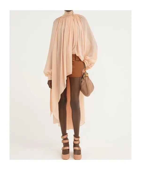 Chloé Georgette Silk Blouse With Lace High Collar And Pleated Sleeves