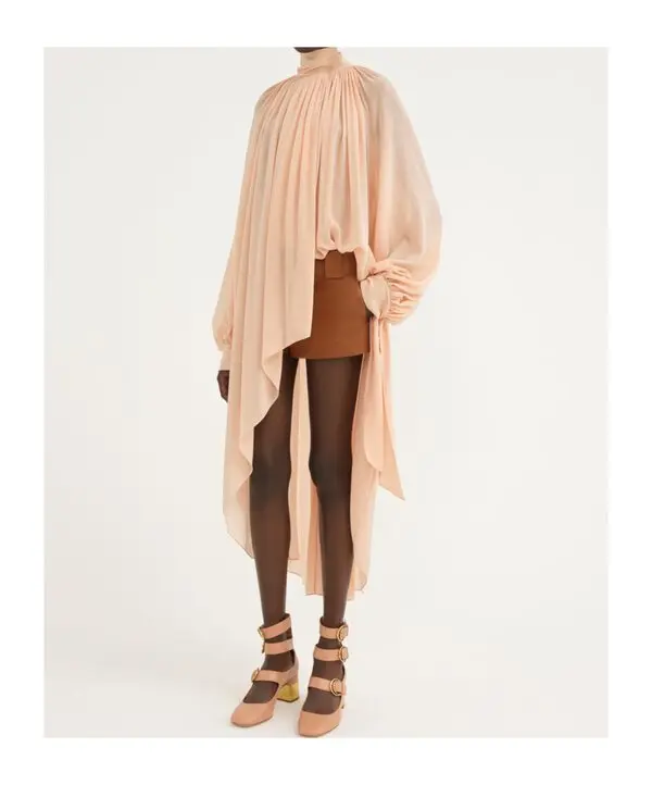 Chloé Georgette Silk Blouse With Lace High Collar And Pleated Sleeves