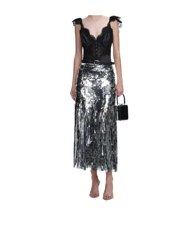 SELF-PORTRAIT Sequin Embellished Midi Skirt