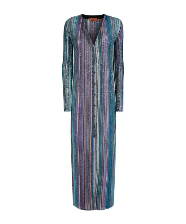Missoni Sequinned Pleated Knit Long Cardigan - Blue