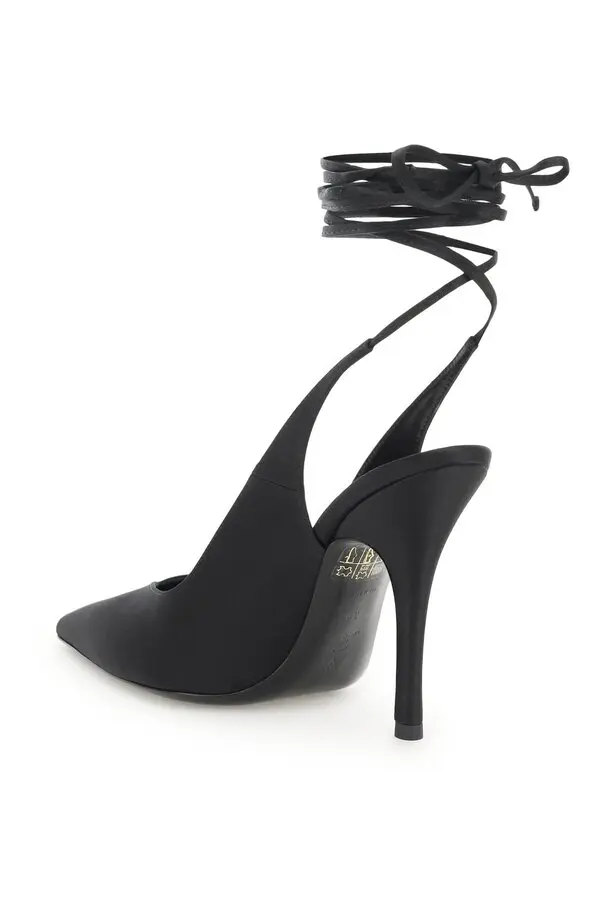 Attico Black Satin Slingback Ankle Strap Pumps