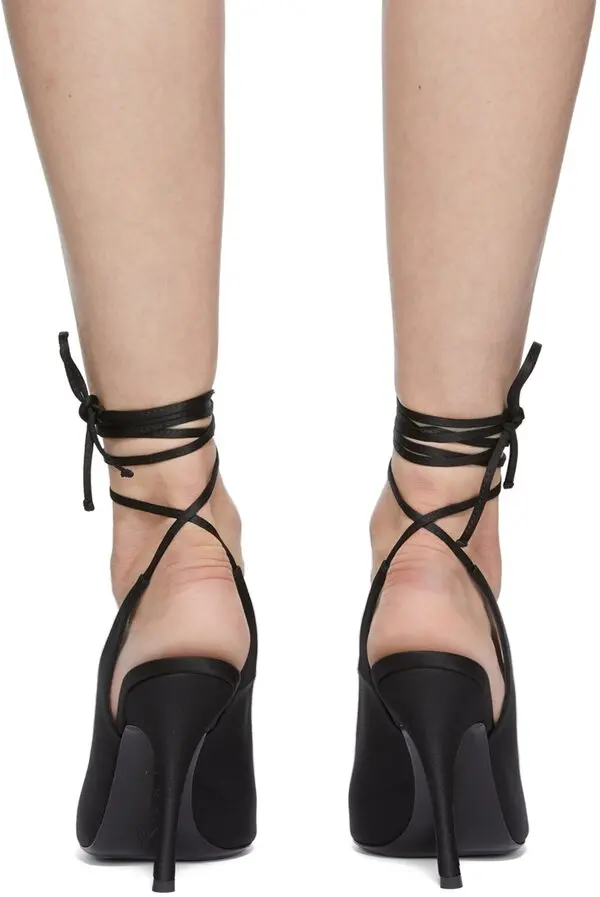 Attico Black Satin Slingback Ankle Strap Pumps