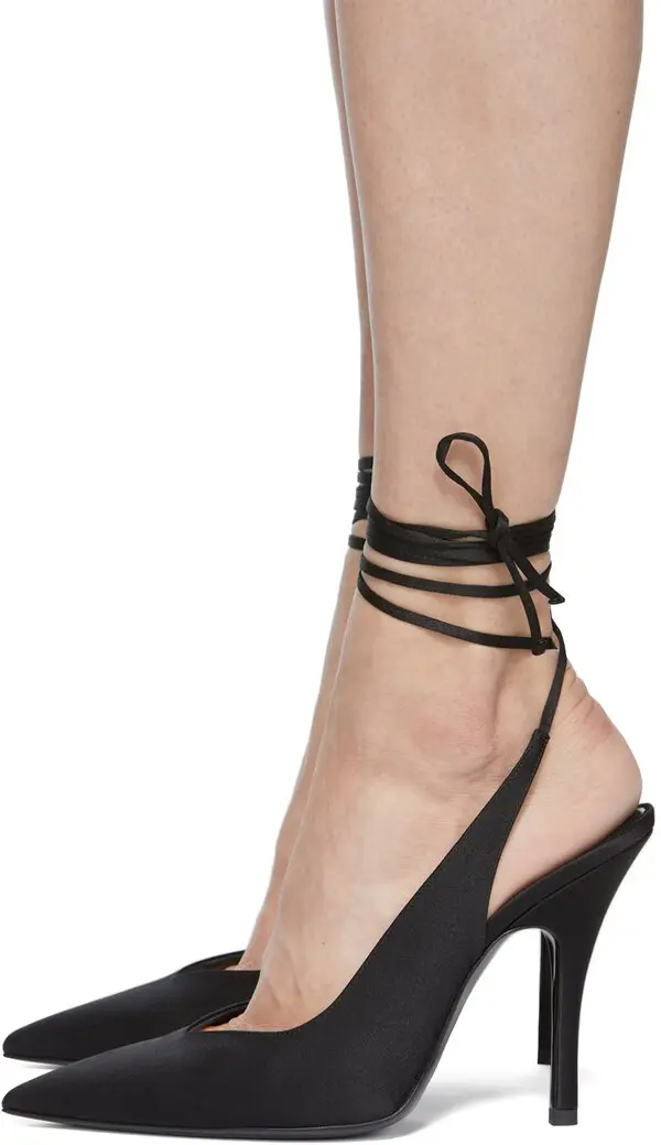 Attico Black Satin Slingback Ankle Strap Pumps