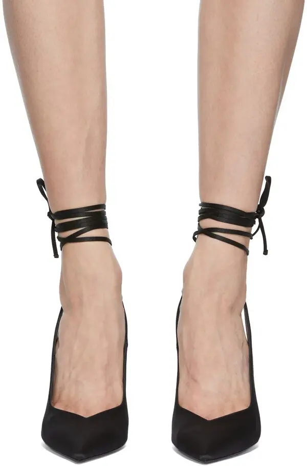 Attico Black Satin Slingback Ankle Strap Pumps