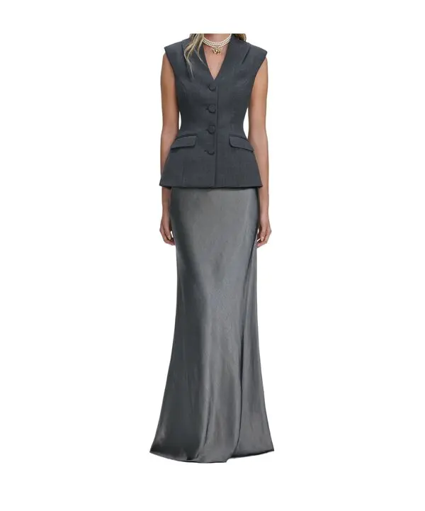 SELF-PORTRAIT Sleeveless Buttoned Maxi Dress - Grey