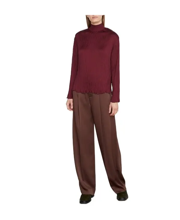 Vince Rib High Neckline Broken Satin Long-sleeved Blouse - Red