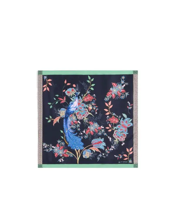 Etro Silk Twill Pocket Square With Peacock