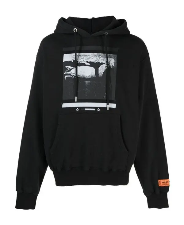Heron Preston Graphic Printed Drawstring Hoodie - Black