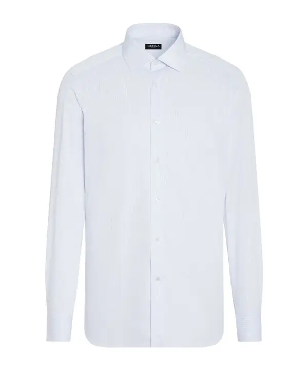 Zegna Light Blue And White Micro-striped Trecapi Cotton Shirt