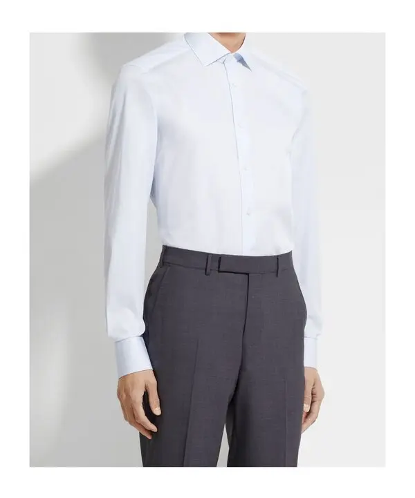 Zegna Light Blue And White Micro-striped Trecapi Cotton Shirt