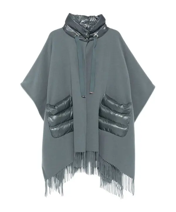 Herno High-neck Fringed-edge Drawstring Poncho - Gray