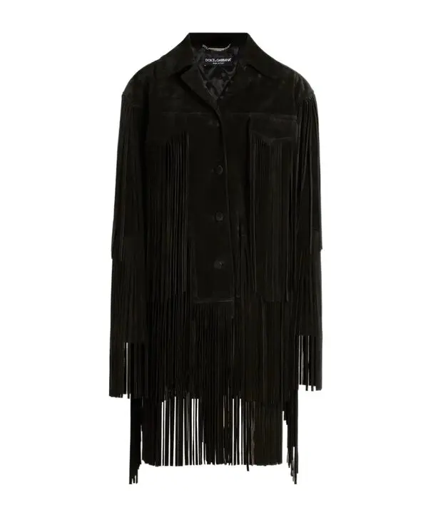 Dolce & Gabbana Leather Jacket With Fringe - Black