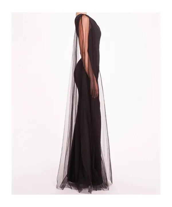 Marchesa One-shoulder Cape Gown