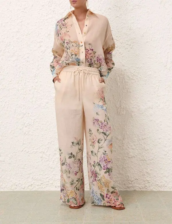 Zimmermann Halliday Relaxed Floral Print Linen Blend Pants - Nude