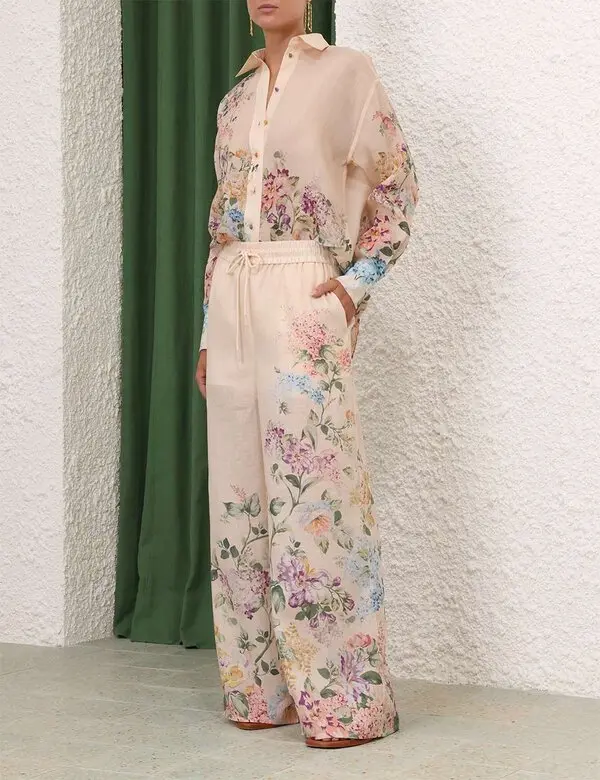 Zimmermann Halliday Relaxed Floral Print Linen Blend Pants - Nude