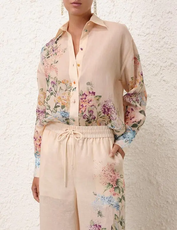 Zimmermann Halliday Relaxed Floral Print Linen Blend Pants - Nude