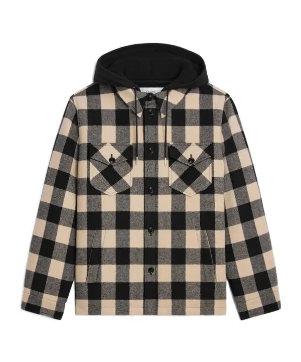 Celine Hooded Overshirt In Checked Wool
