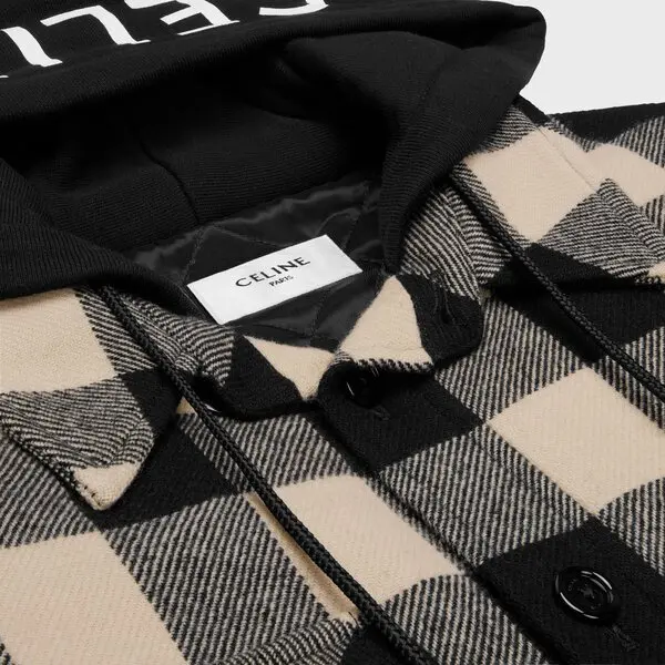 Celine Hooded Overshirt In Checked Wool