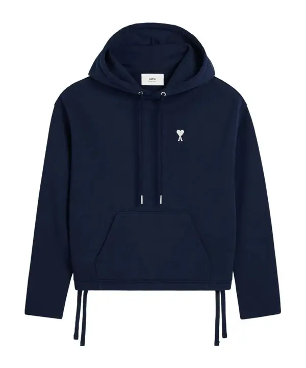 AMI Paris De Coeur Cropped Fleece Hoodie - Navy Blue