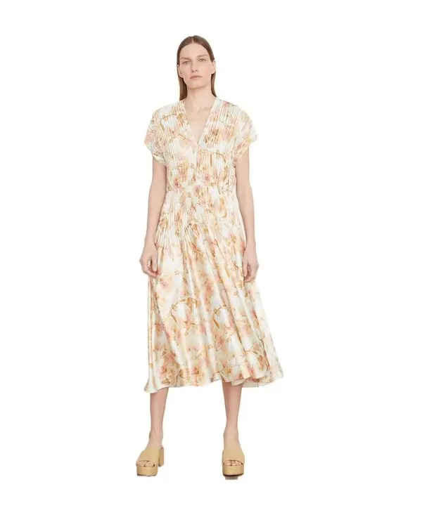 Vince Floral-print Plissé Dress - Nude