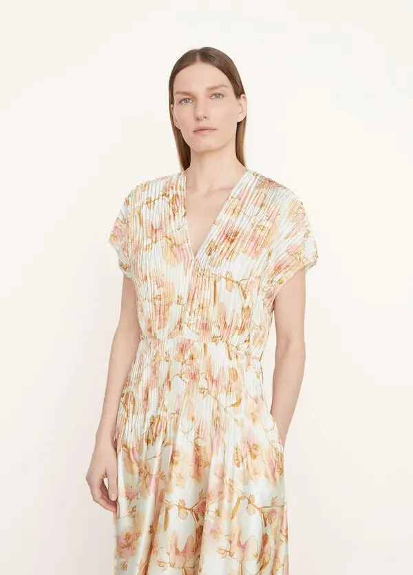Vince Floral-print Plissé Dress - Nude