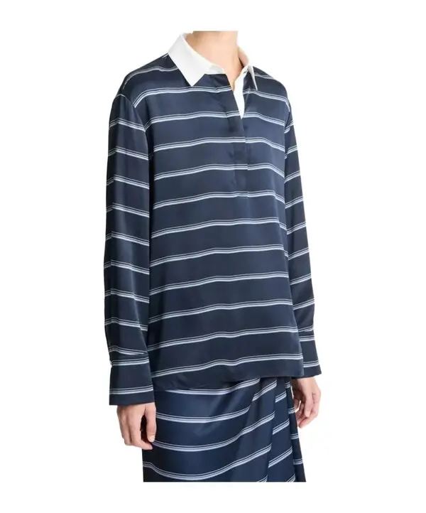 Vince Long Sleeve Striped Polo Shirt - Blue