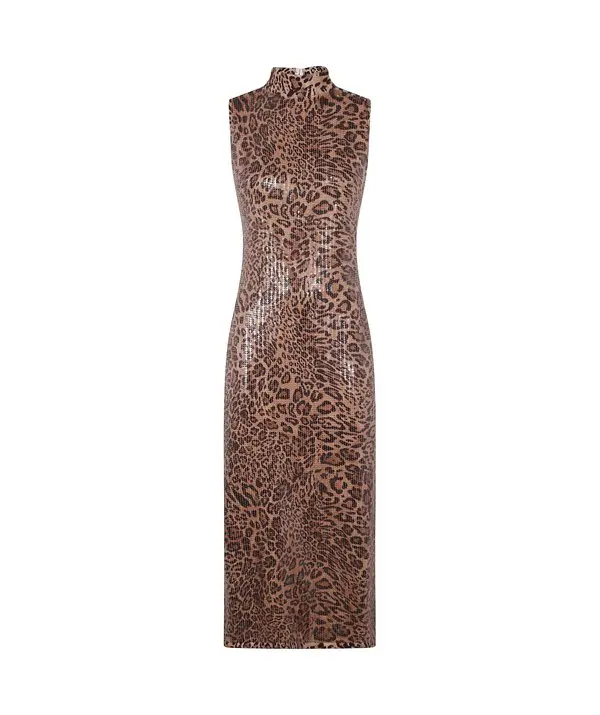 TWINSET Leopard Print Sequin Embroidered High Neck Midi Dress