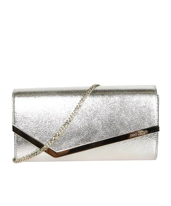 JIMMY CHOO Emmie Metallic-effect Chain-strap Clutch Bag - White