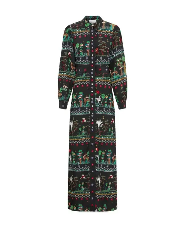 HAYLEY MENZIES Printed Maxi Silk Shirt Dress - Black