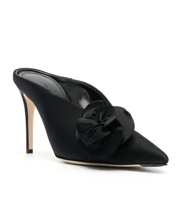 Victoria Beckham Floral Appliqué Satin Pointed Toe Mules