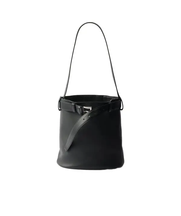 Prada Buckle Leather Bucket Bag With Belt - Black