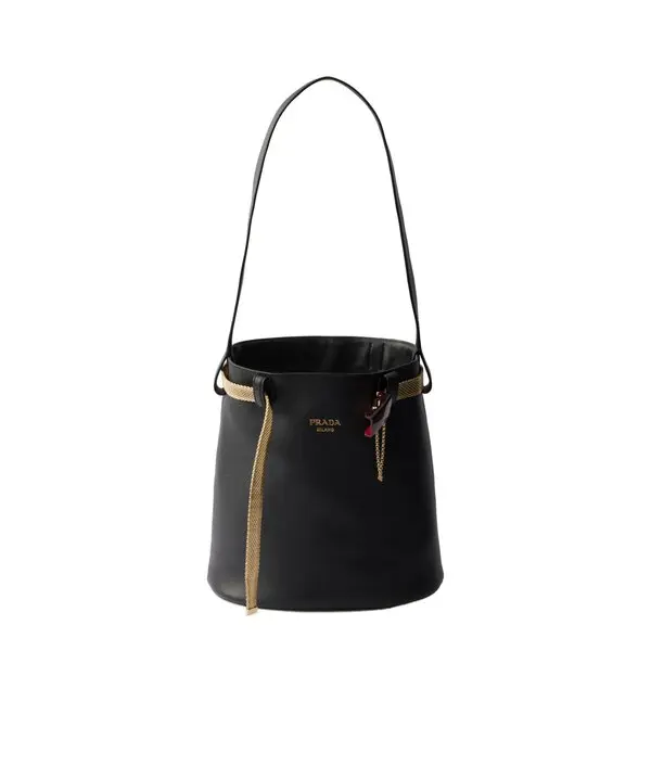 Prada Buckle Leather Bucket Bag With Jeweled Belt - Black