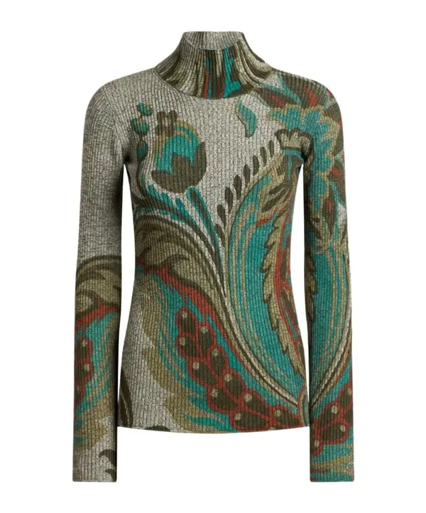 Etro Ribbed Wool Turtleneck Sweater With Daffodil Print