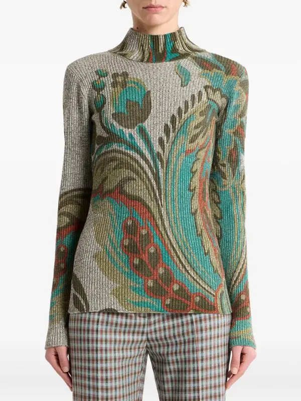 Etro Ribbed Wool Turtleneck Sweater With Daffodil Print