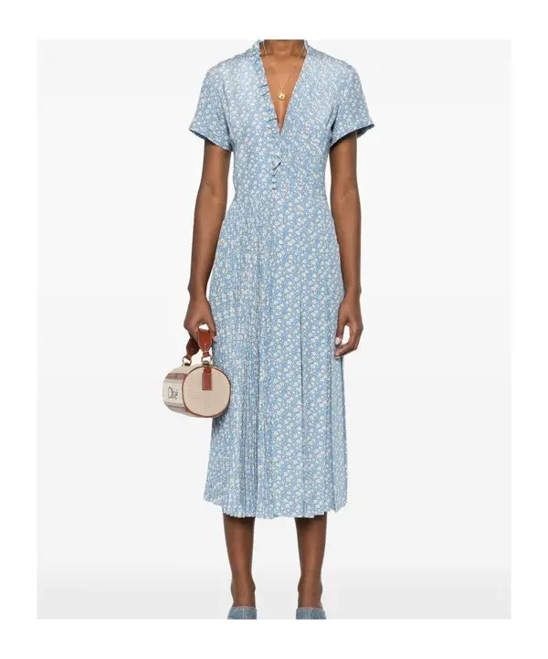 Ermanno Scervino Floral Pleated V-neck Midi Dress