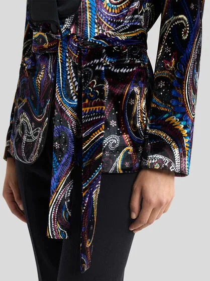 Etro Paisley Foliage Motif Belted Velvet Blazer