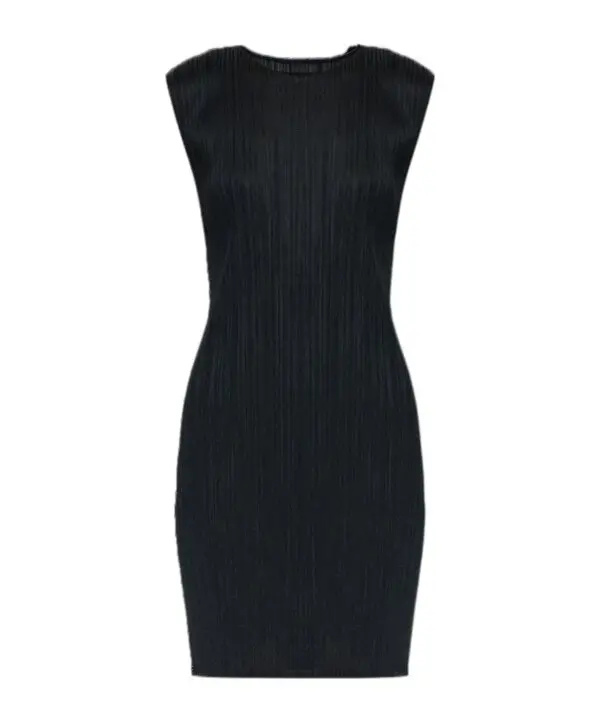 Issey Miyake Sleeveless Round Neck Pleated Dress - Black