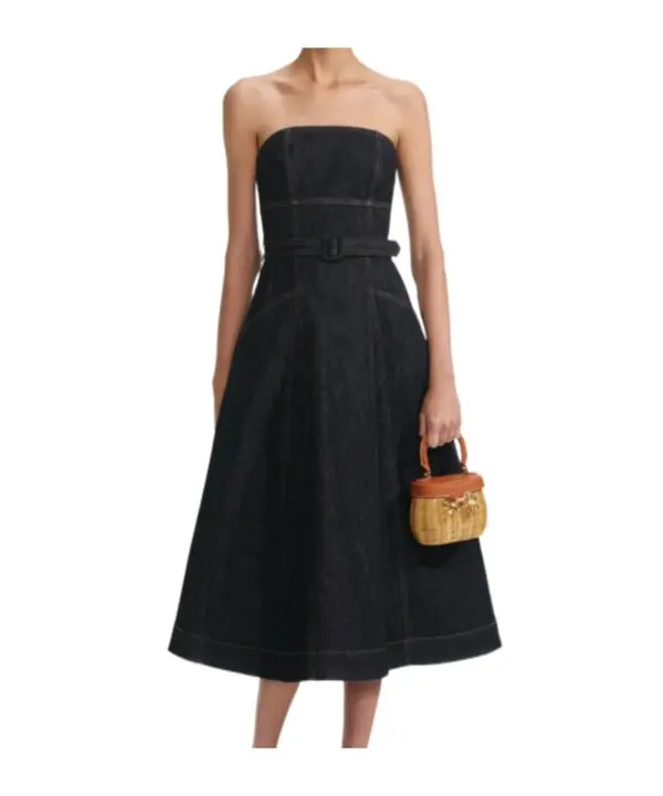 SELF-PORTRAIT Denim Bandeau Midi Dress With Belt