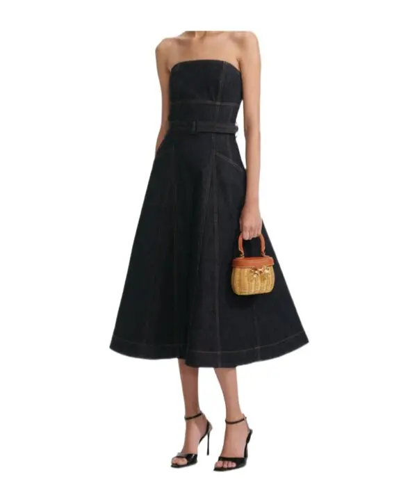 SELF-PORTRAIT Denim Bandeau Midi Dress With Belt