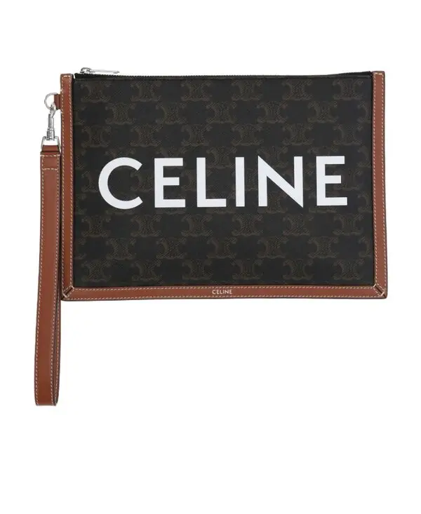 Celine Small Flat Pouch With Strap In Triomphe Canvas With Print - Brown