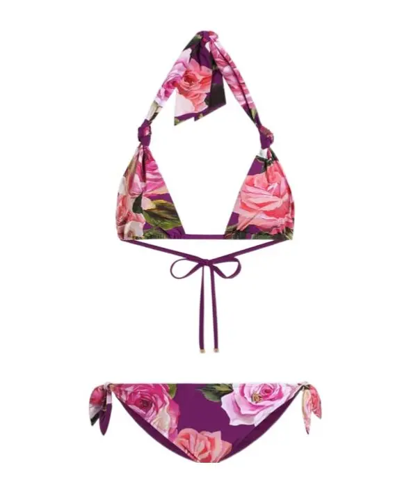 Dolce & Gabbana Rose-print Padded Triangle Bikini
