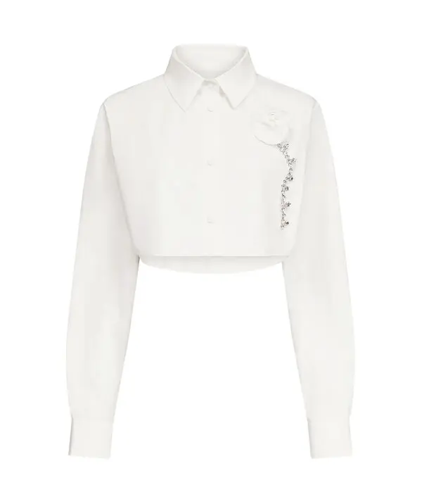 AREA Embellished Rosette Cropped Poplin Shirt