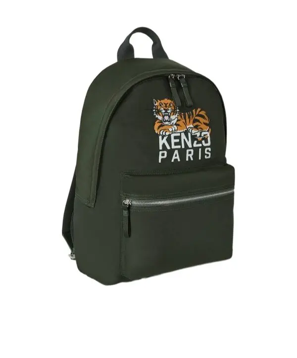 Kenzo Logo Embroidered Zipped Backpack - Deep Khaki