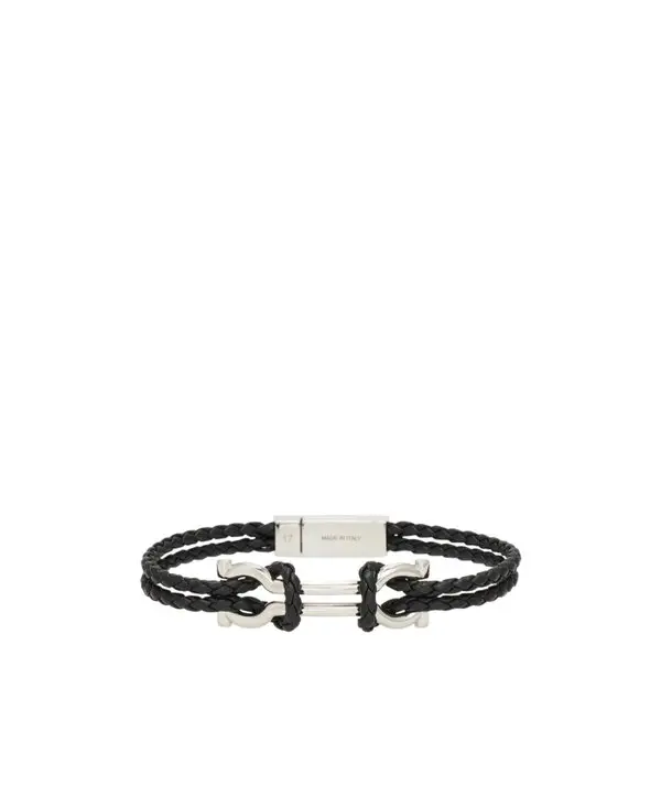 FERRAGAMO Double Gancini Braided Leather Bracelet - Black