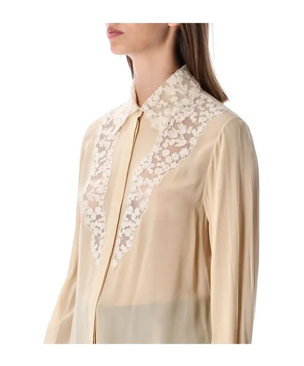 Fendi Sheer Lace Panel Georgette Shirt - Beige